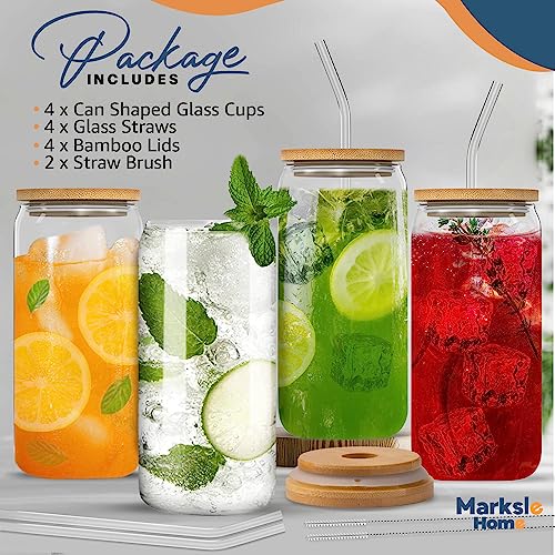 Marksle Home Glass Cups - Glass Cups With Lids And Straws - 16oz Iced Coffee Cup 4pcs Set - Glass Tumbler With Straw And Lid - Glass Coffee Cups - Ice Coffee Cup - Glass Cups With Bamboo Lids