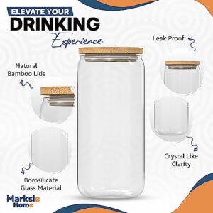 Marksle Home Glass Cups - Glass Cups With Lids And Straws - 16oz Iced Coffee Cup 4pcs Set - Glass Tumbler With Straw And Lid - Glass Coffee Cups - Ice Coffee Cup - Glass Cups With Bamboo Lids