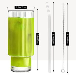 Vozoka Ribbed Glassware, Set of 4 Ribbed Glasses, 16 Oz Vintage Drinking Glasses, Glass Cup with Lids and Straws, Reusable Iced Coffee Glass Cups, Ideal for Coffee, Juice, Beer, Whiskey, Gift