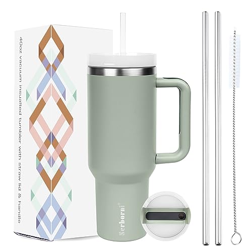 Serborni 40 oz Tumbler With Handle and 3 Straws Lid, Insulated Tumblers Stainless Steel Travel Coffee Mugs For Hot and Cold（Bay Leaf）