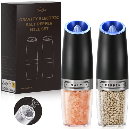 Gravity Electric Pepper and Salt Grinder Set, Sangcon Automatic Pepper and Salt Mill Grinder Battery Powered with LED Light, Adjustable Coarseness, One Hand Operation, Upgraded Larger Capacity, 2 Pack