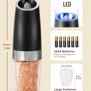 Gravity Electric Pepper and Salt Grinder Set, Sangcon Automatic Pepper and Salt Mill Grinder Battery Powered with LED Light, Adjustable Coarseness, One Hand Operation, Upgraded Larger Capacity, 2 Pack