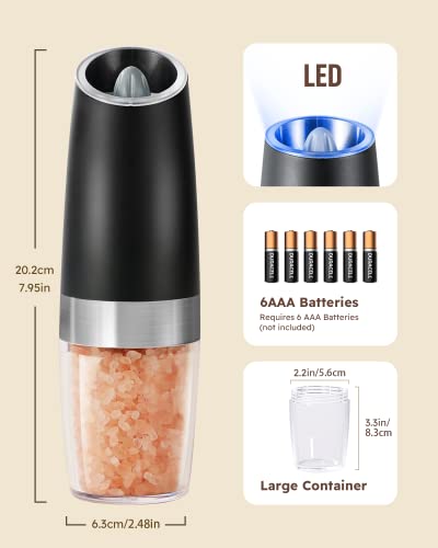 Gravity Electric Pepper and Salt Grinder Set, Sangcon Automatic Pepper and Salt Mill Grinder Battery Powered with LED Light, Adjustable Coarseness, One Hand Operation, Upgraded Larger Capacity, 2 Pack