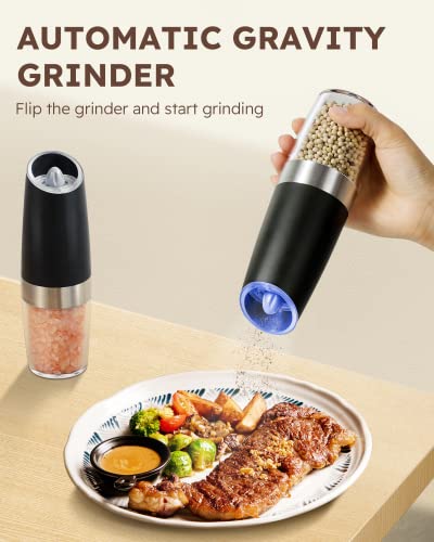 Gravity Electric Pepper and Salt Grinder Set, Sangcon Automatic Pepper and Salt Mill Grinder Battery Powered with LED Light, Adjustable Coarseness, One Hand Operation, Upgraded Larger Capacity, 2 Pack