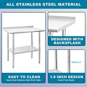 Wrilibo Stainless Steel Table 36 x 24 Inches Prep Table for Commercial Kitchen, Heavy Duty NSF Stainless Steel Work Table with Backsplash, Adjustable Under Shelf for Restaurant, Home and Hotel