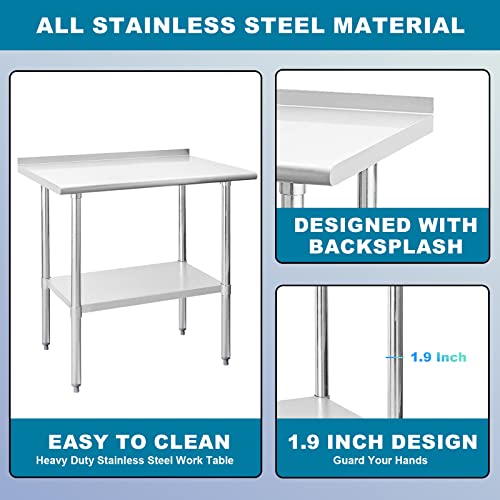 Wrilibo Stainless Steel Table 36 x 24 Inches Prep Table for Commercial Kitchen, Heavy Duty NSF Stainless Steel Work Table with Backsplash, Adjustable Under Shelf for Restaurant, Home and Hotel