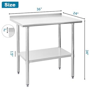 Wrilibo Stainless Steel Table 36 x 24 Inches Prep Table for Commercial Kitchen, Heavy Duty NSF Stainless Steel Work Table with Backsplash, Adjustable Under Shelf for Restaurant, Home and Hotel