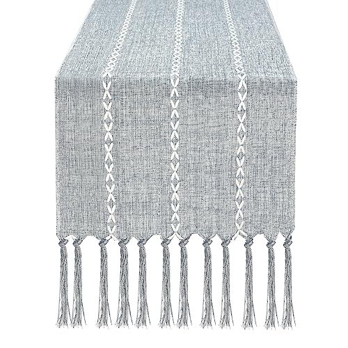 Fixwal 72 Inches Linen Table Runner, Rustic Tassel Embroidered Table Runner, Boho Farmhouse Style Braided Table Decoration for Wedding, Party, Picnic and Birthday (Dusty Blue)