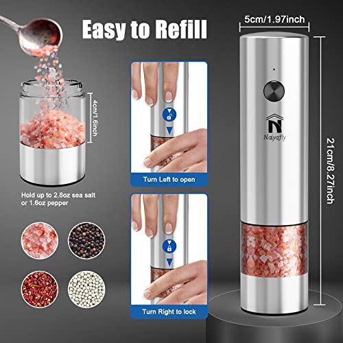 Electric Salt and Pepper Grinder Set Rechargeable, Large Capacity Automatic Pepper Mill with LED Light and Upgraded Charge Base, 304 Stainless Steel, Adjustable Coarseness,One Handed Operation 2 Pack