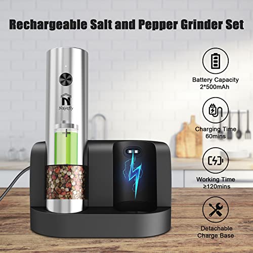 Electric Salt and Pepper Grinder Set Rechargeable, Large Capacity Automatic Pepper Mill with LED Light and Upgraded Charge Base, 304 Stainless Steel, Adjustable Coarseness,One Handed Operation 2 Pack