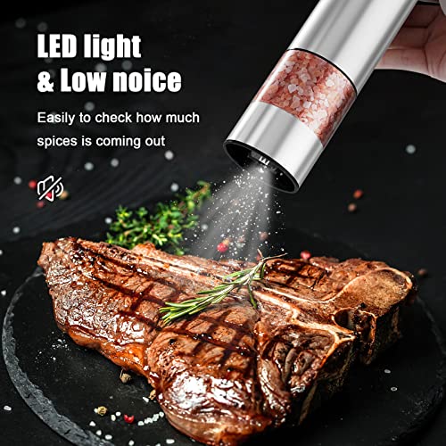 Electric Salt and Pepper Grinder Set Rechargeable, Large Capacity Automatic Pepper Mill with LED Light and Upgraded Charge Base, 304 Stainless Steel, Adjustable Coarseness,One Handed Operation 2 Pack