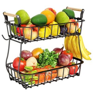 2 tier fruit basket bowl with 2 banana hangers for kitchen counter, metal countertop fruits produce storage basket holder, large fruit vegetable stand organizer for bread snack veggies potato, black