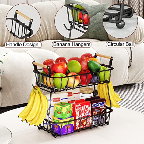 2 Tier Fruit Basket Bowl with 2 Banana Hangers for Kitchen Counter, Metal Countertop Fruits Produce Storage Basket Holder, Large Fruit Vegetable Stand Organizer for Bread Snack Veggies Potato, Black