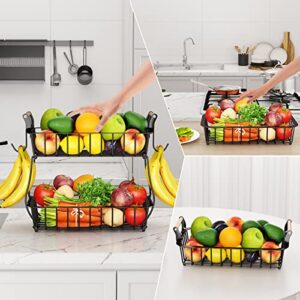 2 Tier Fruit Basket Bowl with 2 Banana Hangers for Kitchen Counter, Metal Countertop Fruits Produce Storage Basket Holder, Large Fruit Vegetable Stand Organizer for Bread Snack Veggies Potato, Black