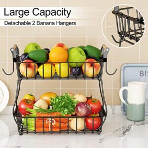 2 Tier Fruit Basket Bowl with 2 Banana Hangers for Kitchen Counter, Metal Countertop Fruits Produce Storage Basket Holder, Large Fruit Vegetable Stand Organizer for Bread Snack Veggies Potato, Black