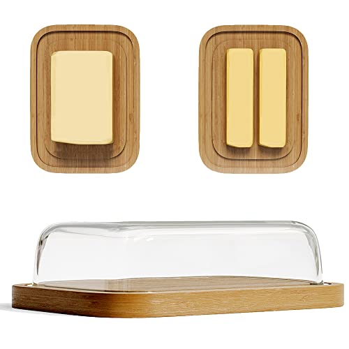 Clear Glass Butter Dish with Lid for Countertop and Fridge, Large Butter Holder with Bamboo Tray, Covered Butter Container, Butter Dishes with Cover for East and West Butter, Eco-Friendly