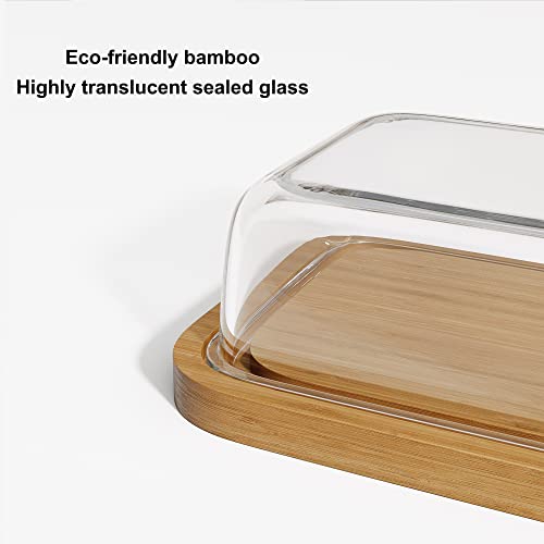 Clear Glass Butter Dish with Lid for Countertop and Fridge, Large Butter Holder with Bamboo Tray, Covered Butter Container, Butter Dishes with Cover for East and West Butter, Eco-Friendly