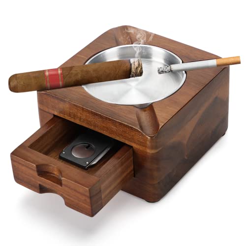 Tesonway Cigar Ashtray, Wooden Ashtray, Square Ashtray 4 Slots Cigar Holder with Cigar Accessories Drawer for Indoor Outdoor Patio Home Office, Personalized Cigar Gifts for Men