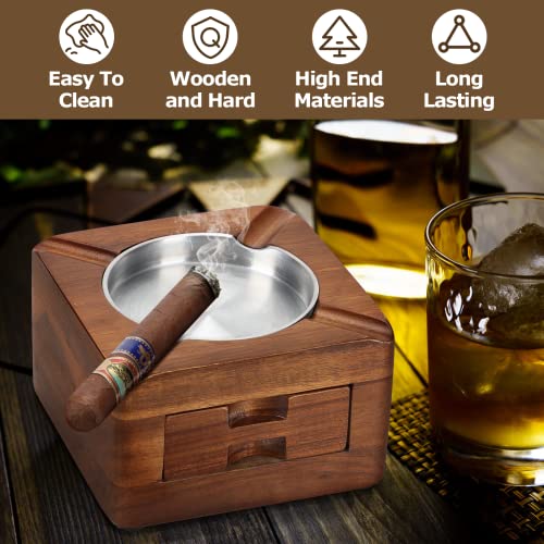 Tesonway Cigar Ashtray, Wooden Ashtray, Square Ashtray 4 Slots Cigar Holder with Cigar Accessories Drawer for Indoor Outdoor Patio Home Office, Personalized Cigar Gifts for Men