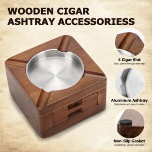 Tesonway Cigar Ashtray, Wooden Ashtray, Square Ashtray 4 Slots Cigar Holder with Cigar Accessories Drawer for Indoor Outdoor Patio Home Office, Personalized Cigar Gifts for Men