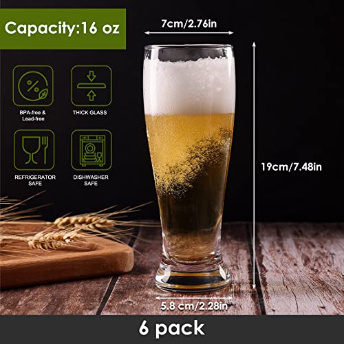 CUCUMI 6pcs 16oz Beer Glasses Drinking Set Glassware Beer Cups for Bar Pub Classic Beer Glasses Gift for Men