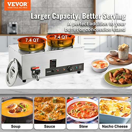 VEVOR Electric Soup Warmer, Dual 7.4QT Stainless Steel Round Pot 86~185°F Adjustable Temp, 1200W Commercial Bain Marie with Anti-Dry Burn and Reset Button, Soup Station for Restaurant, Buffet, Silver