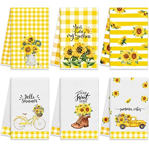 6 Pcs Kitchen Towels Sunflower Dish Towels Sunflower Absorbent Hand Towel Decorative Tea Towels Reusable Fast Drying Cleaning Dishcloths for Kitchen Summer Truck Housewarming Gifts 15.75 x 23.62''