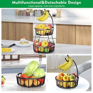 YFXCVSL 2 Tier Fruit Basket with Banana Tree Hanger, Countertop Fruit Vegetable Basket Bowl for Kitchen, Metal Wire Storage Basket Fruits Stand Holder Organizer for Bread Veggies Produce, Black