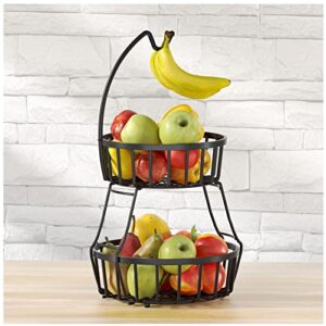 yfxcvsl 2 tier fruit basket with banana tree hanger, countertop fruit vegetable basket bowl for kitchen, metal wire storage basket fruits stand holder organizer for bread veggies produce, black