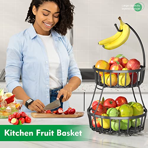 YFXCVSL 2 Tier Fruit Basket with Banana Tree Hanger, Countertop Fruit Vegetable Basket Bowl for Kitchen, Metal Wire Storage Basket Fruits Stand Holder Organizer for Bread Veggies Produce, Black