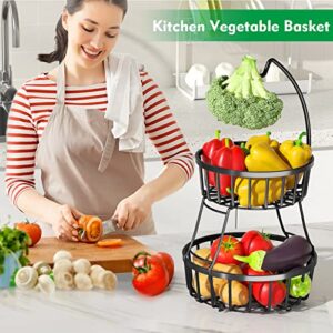 YFXCVSL 2 Tier Fruit Basket with Banana Tree Hanger, Countertop Fruit Vegetable Basket Bowl for Kitchen, Metal Wire Storage Basket Fruits Stand Holder Organizer for Bread Veggies Produce, Black