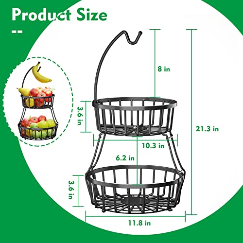 YFXCVSL 2 Tier Fruit Basket with Banana Tree Hanger, Countertop Fruit Vegetable Basket Bowl for Kitchen, Metal Wire Storage Basket Fruits Stand Holder Organizer for Bread Veggies Produce, Black