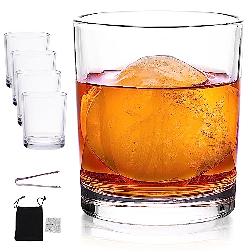 CUCUMI 11oz 6pcs Whiskey Glasses Old Fashioned Glasses Includes Chilling Stones, Ice Clip, Scotch Rocks Glasses Bourbon Glassware Gifts for Men