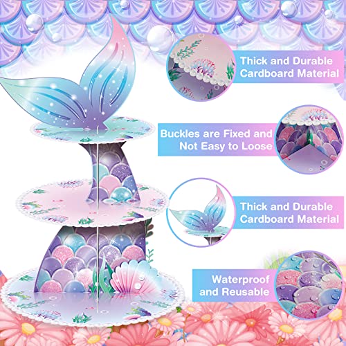 3 Tier Mermaid Cupcake Stand Party Decorations Mermaid Theme Cupcake Holder Mermaids Baby Shower Cake Holder Mermaid Birthday Dessert Stand for Mermaids Ocean Under The Sea Party Supplies