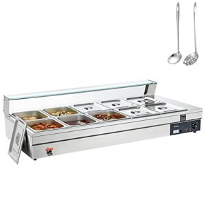 vevor 10-pan commercial food warmer, 10 x 12qt electric steam table with tempered glass cover, 1800w countertop stainless steel buffet bain marie 86-185°f temp control for catering, restaurant, silver