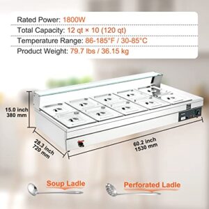 VEVOR 10-Pan Commercial Food Warmer, 10 x 12QT Electric Steam Table with Tempered Glass Cover, 1800W Countertop Stainless Steel Buffet Bain Marie 86-185°F Temp Control for Catering, Restaurant, Silver