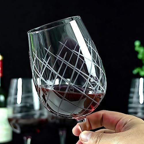 Wine Glasses Set of 4-16oz. Clear Etched Red and White Unique Long Stem Wine Glass Cups for Alcohol Party, Wedding, Home