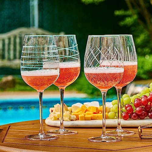 Wine Glasses Set of 4-16oz. Clear Etched Red and White Unique Long Stem Wine Glass Cups for Alcohol Party, Wedding, Home