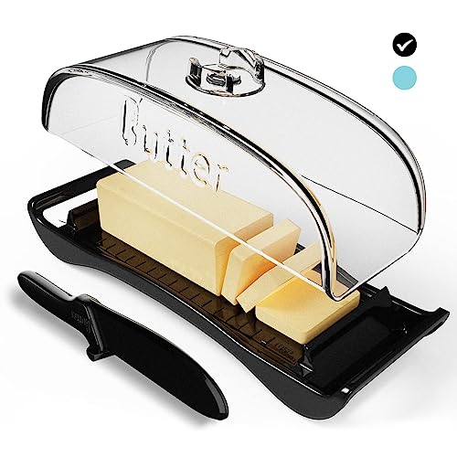 PAIKIUU Butter Dish with Lid and Knife - BPA-Free Plastic Butter Container for Countertop - Easy Grip Handles -Dishwasher, and Freezer Safe - Perfect for East and West Coast Butter - Black