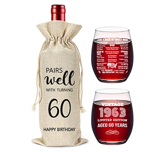 YUEYUQIU 60th Birthday Gifts for Women Men 60 Years Old Birthday Gifts, Back in 1963 Old Time Information, Funny 60th Birthday Present, Sixty Birthday Milestone Gifts Wine Bags Glass