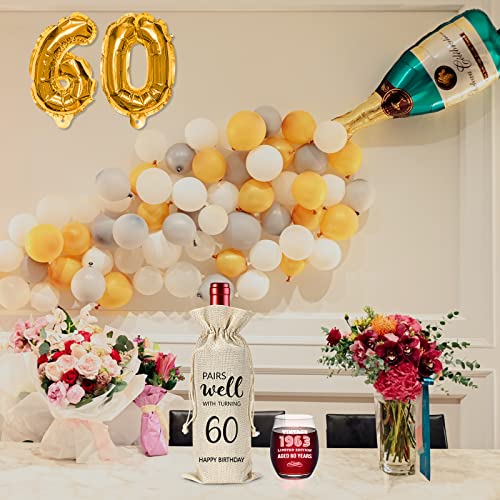 YUEYUQIU 60th Birthday Gifts for Women Men 60 Years Old Birthday Gifts, Back in 1963 Old Time Information, Funny 60th Birthday Present, Sixty Birthday Milestone Gifts Wine Bags Glass