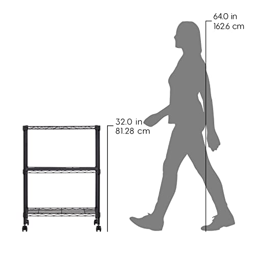 IRIS USA 3-Tier Adjustable Steel Storage Rack with Removable Locking Casters (Up to 600 lbs Loading Capacity), Easy Assembly Wire Organization Unit with Metal Shelves, Black (23.5"L x 14"W x 32"H)