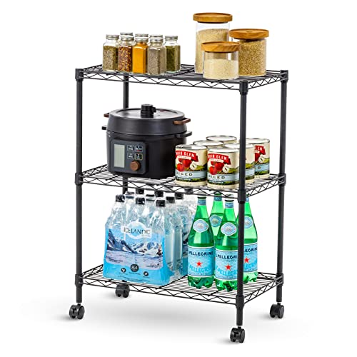 IRIS USA 3-Tier Adjustable Steel Storage Rack with Removable Locking Casters (Up to 600 lbs Loading Capacity), Easy Assembly Wire Organization Unit with Metal Shelves, Black (23.5"L x 14"W x 32"H)