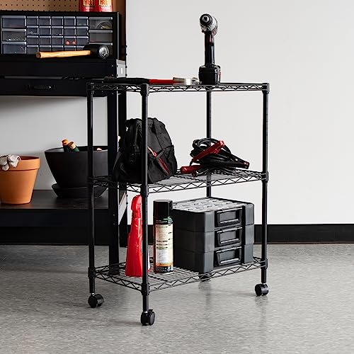 IRIS USA 3-Tier Adjustable Steel Storage Rack with Removable Locking Casters (Up to 600 lbs Loading Capacity), Easy Assembly Wire Organization Unit with Metal Shelves, Black (23.5"L x 14"W x 32"H)