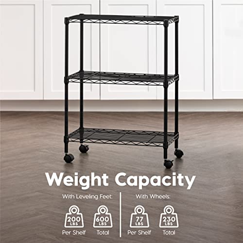 IRIS USA 3-Tier Adjustable Steel Storage Rack with Removable Locking Casters (Up to 600 lbs Loading Capacity), Easy Assembly Wire Organization Unit with Metal Shelves, Black (23.5"L x 14"W x 32"H)