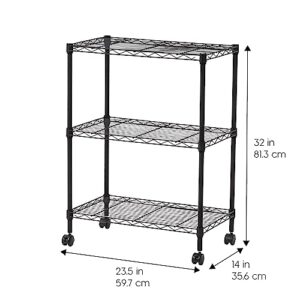 IRIS USA 3-Tier Adjustable Steel Storage Rack with Removable Locking Casters (Up to 600 lbs Loading Capacity), Easy Assembly Wire Organization Unit with Metal Shelves, Black (23.5"L x 14"W x 32"H)