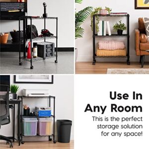 IRIS USA 3-Tier Adjustable Steel Storage Rack with Removable Locking Casters (Up to 600 lbs Loading Capacity), Easy Assembly Wire Organization Unit with Metal Shelves, Black (23.5"L x 14"W x 32"H)