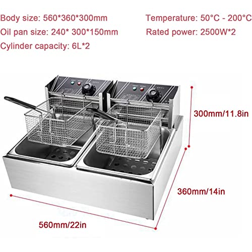 12L Electric Deep Fryer Commercial Dual Tanks Fryers 2500W Stainless Steel Countertop Oil Fryer, Commercial Restaurant, Fast Food Restaurant