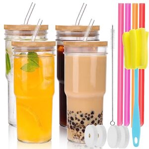 moretoes 4pcs 24oz glass cups with lids and straws, glass iced coffee cups cute travel tumbler cup, drinking glasses set reusable boba bottle for jumbo smoothie, bubble tea, cold brew,soda, juice