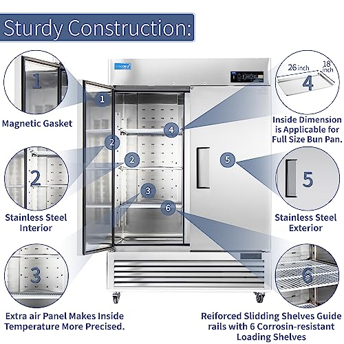 ICECASA 54" W Commercial Refrigerator Reach-in 49 Cu.ft 2 Solid Door Stainless Steel Commercial Refrigerator Fan Cooling for Restuarant, Bar, Shop, etc